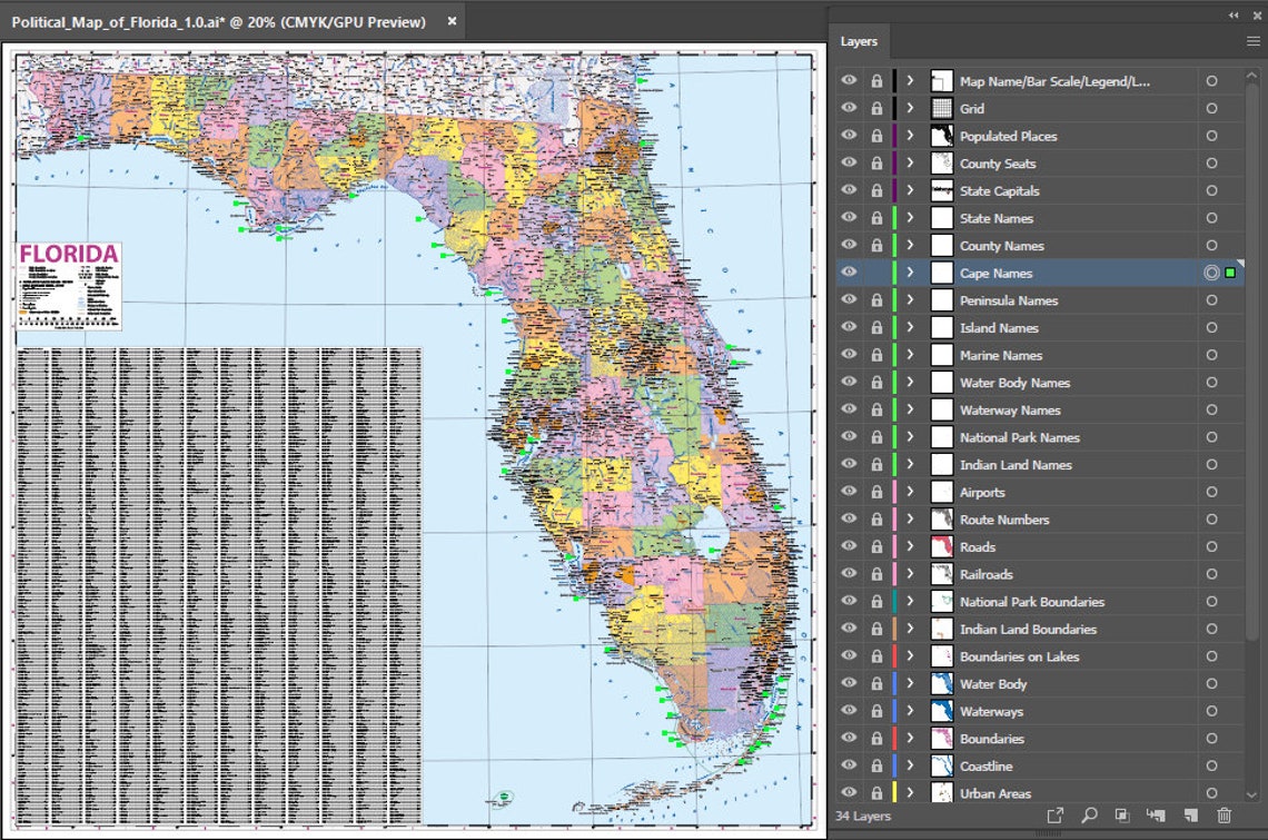 Political Map of Florida adobe Illustrator, PDF: Vector, Printable ...