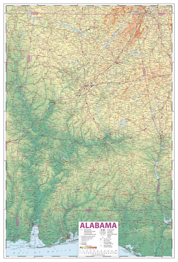 Physical Map of Alabama feet adobe Illustrator PDF: - Etsy