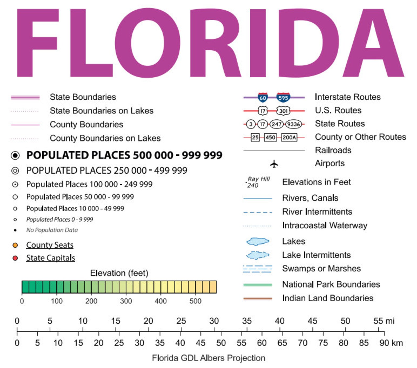 Physical Map of Florida feet adobe Illustrator PDF: - Etsy
