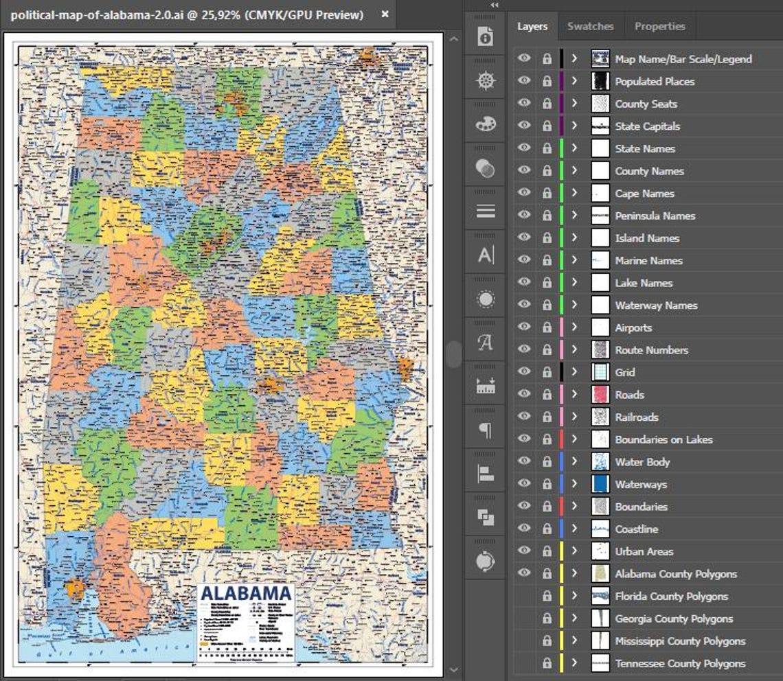 Political Map of Alabama (adobe Illustrator, PDF) - Etsy