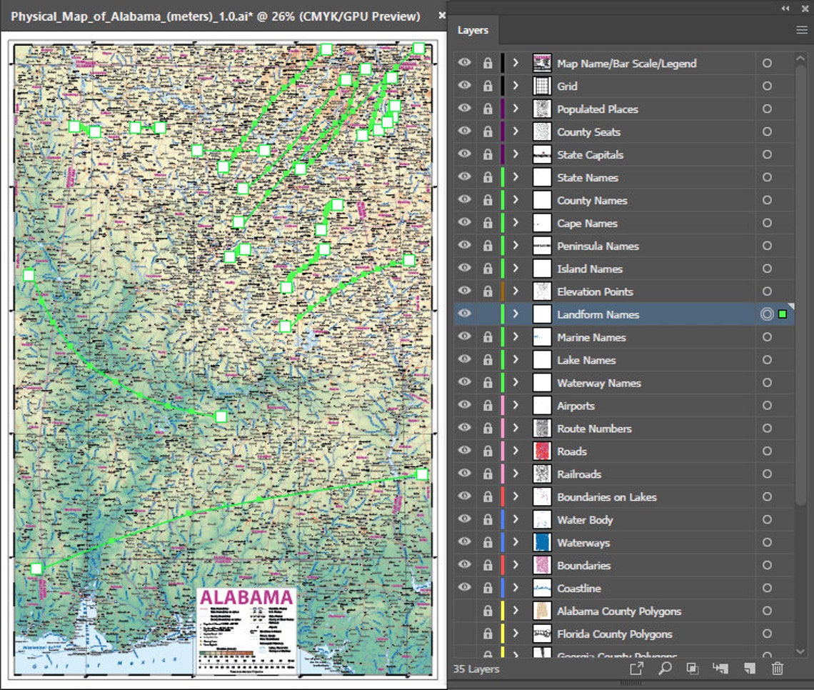 Physical Map of Alabama meters adobe Illustrator PDF: | Etsy