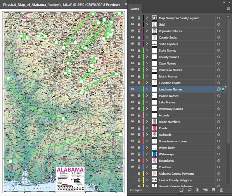 Physical Map of Alabama meters adobe Illustrator, PDF: Vector ...