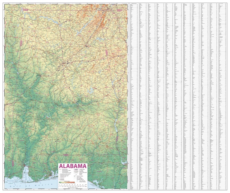 Physical Map of Alabama meters With Location Key adobe - Etsy