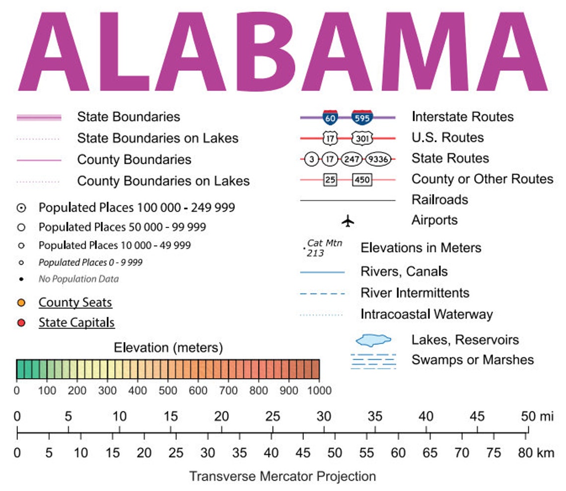 Physical Map of Alabama meters adobe Illustrator PDF: | Etsy