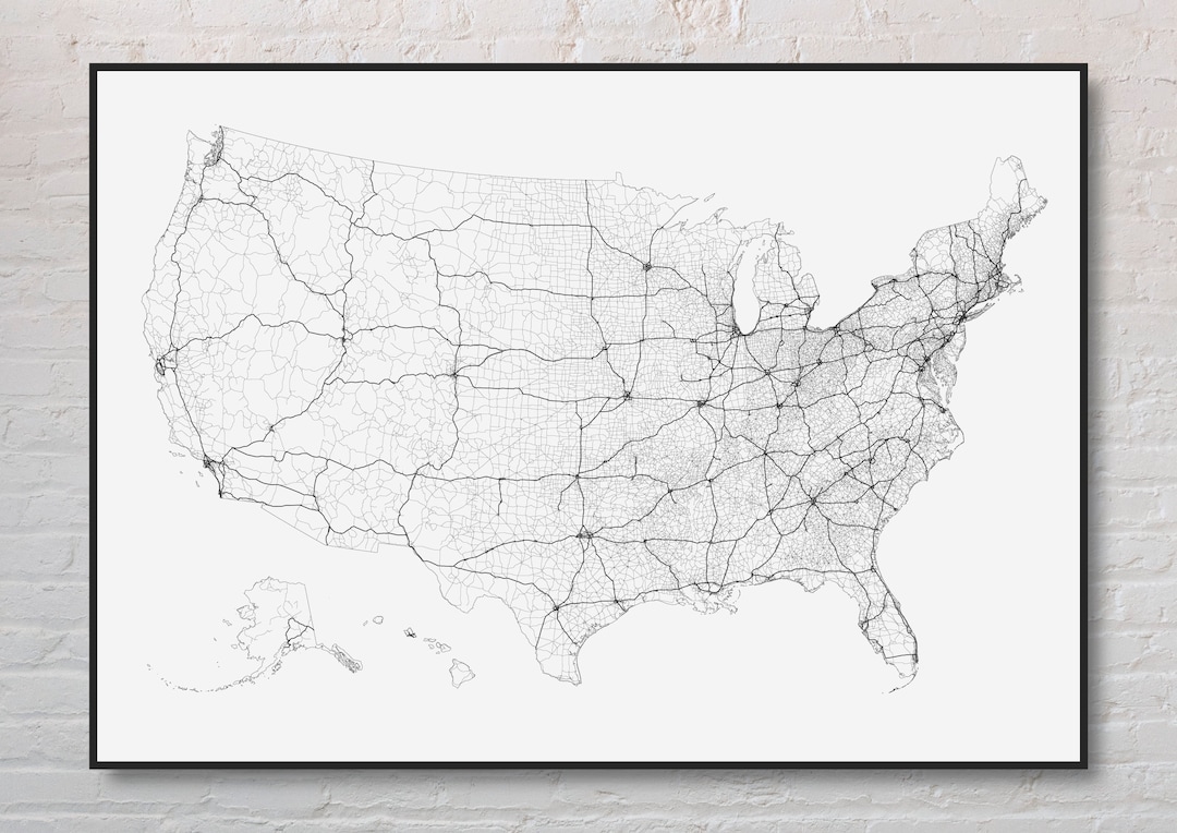United States Road Map (white/black) - Etsy