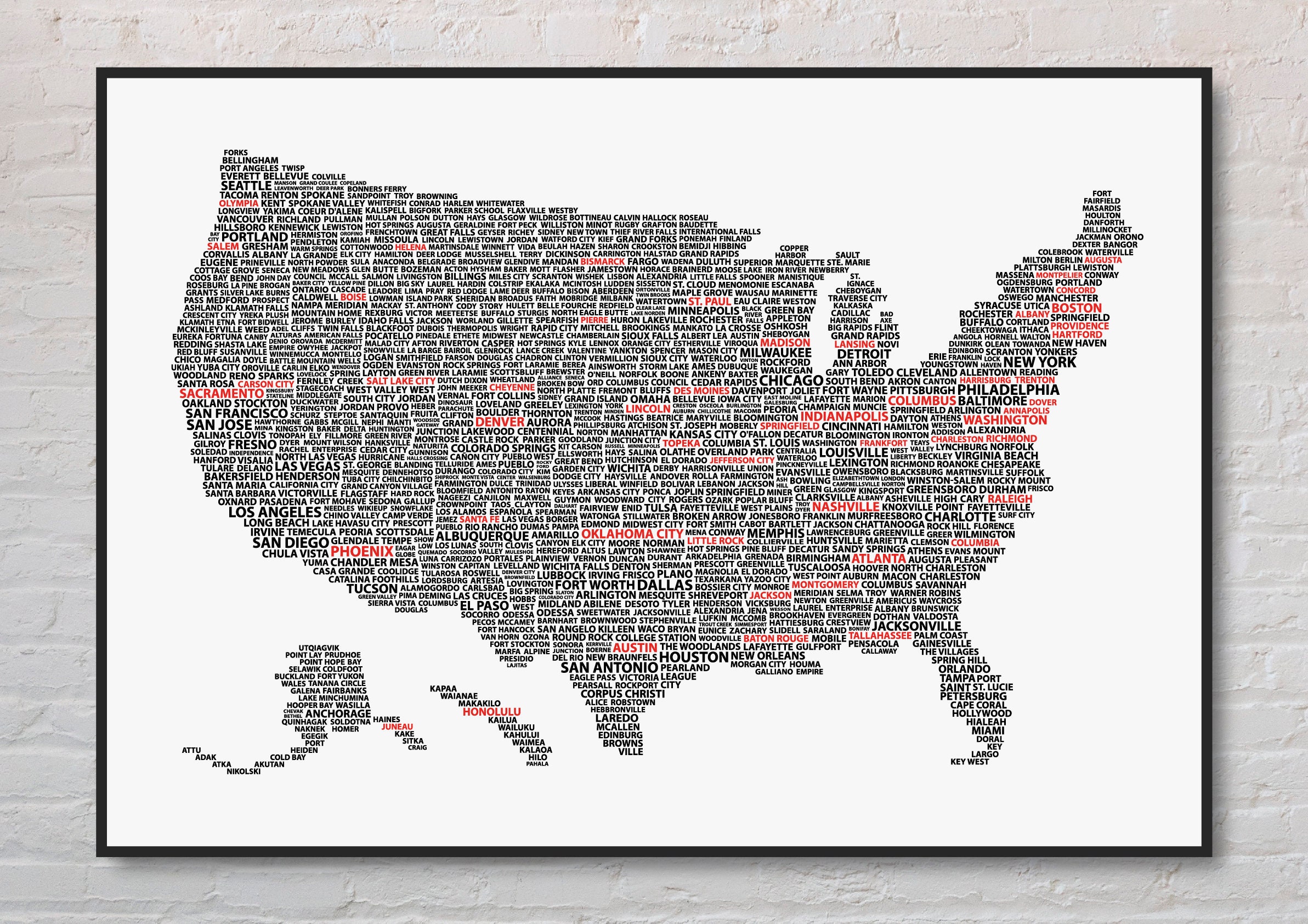 US Cities Text Map black/red - Etsy