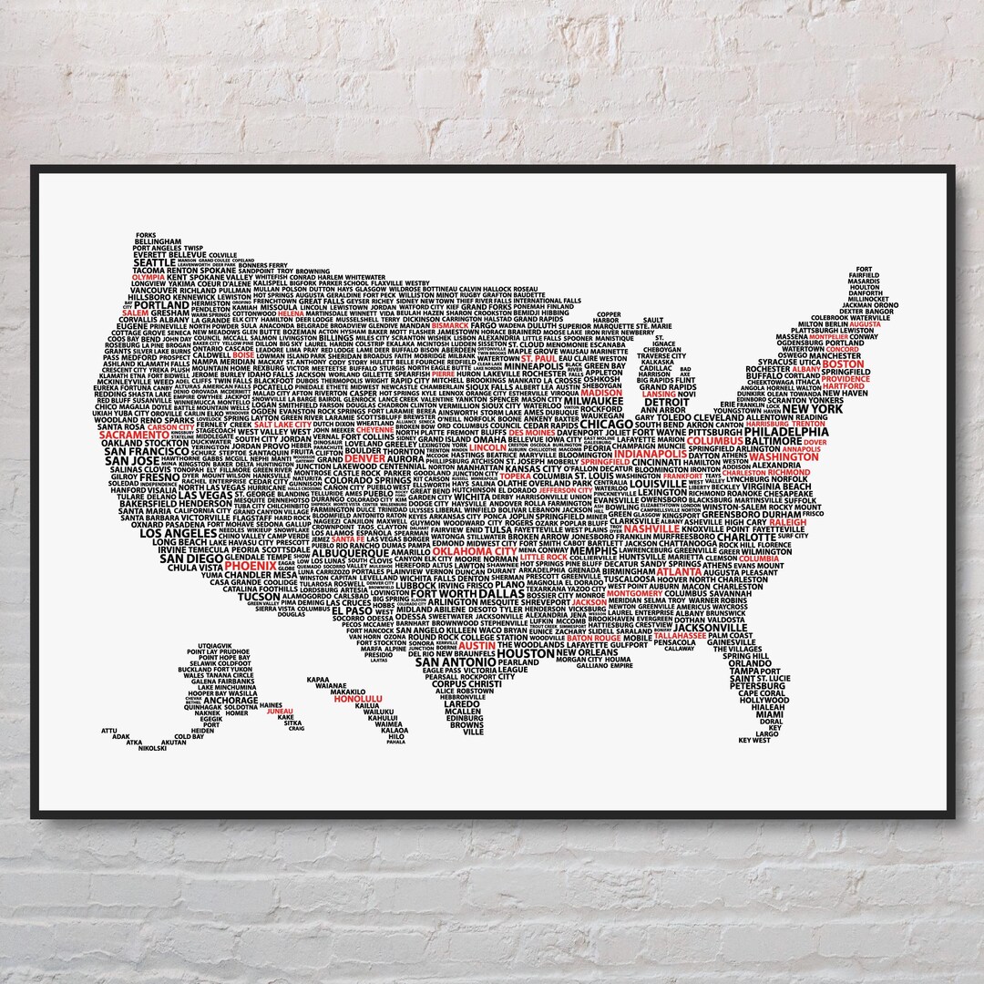 US Cities Text Map - Etsy