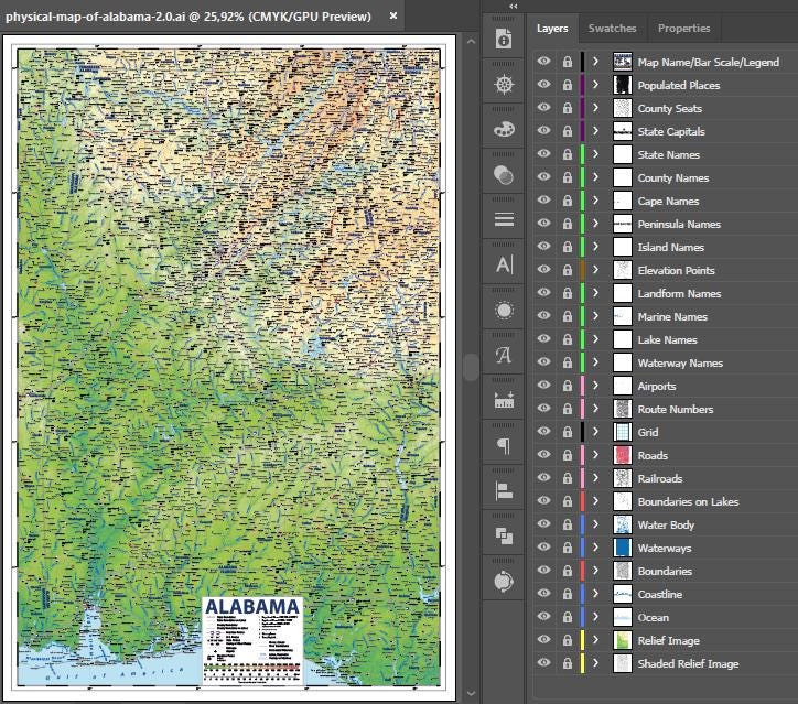 Physical Map of Alabama (adobe Illustrator, PDF) - Etsy