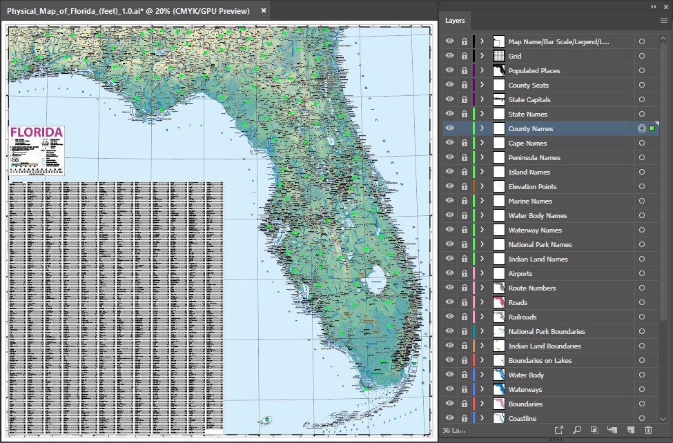 Physical Map of Florida feet adobe Illustrator, PDF: Vector, Printable ...