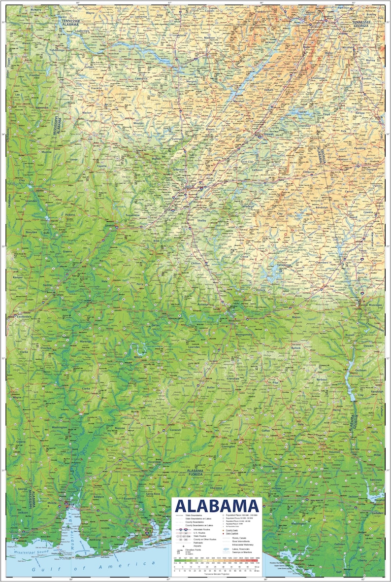 Physical Map of Alabama (adobe Illustrator, PDF) - Etsy