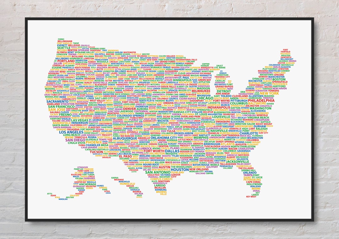 US Cities Text Map multicolor - Etsy