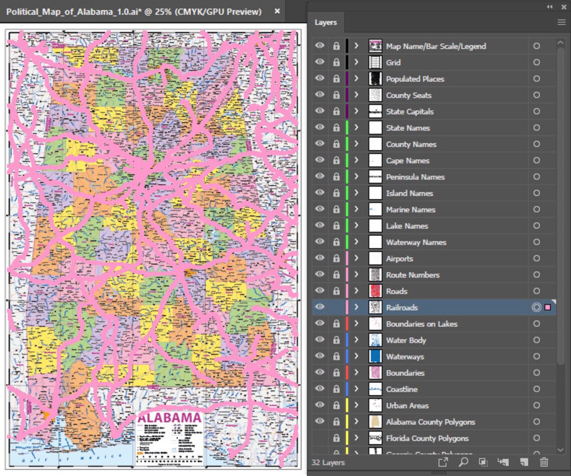 Political Map of Alabama adobe Illustrator, PDF: Vector, Printable ...