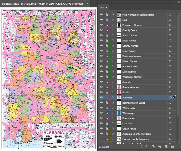 Political Map of Alabama adobe Illustrator, PDF: Vector, Printable ...