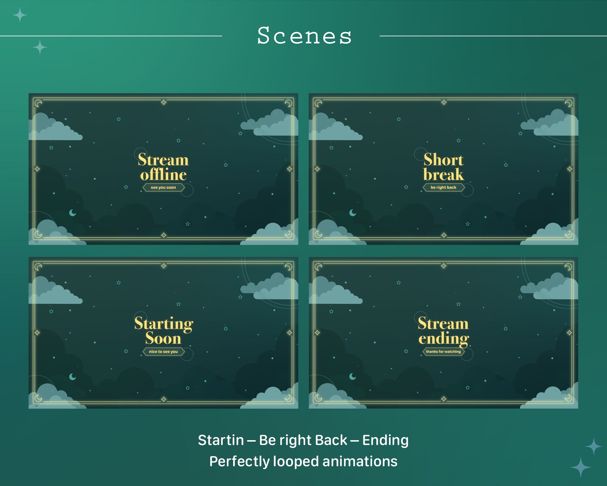 Animated Twitch Overlay Teal Clouds | Stream Package Night Sky | Dark ...