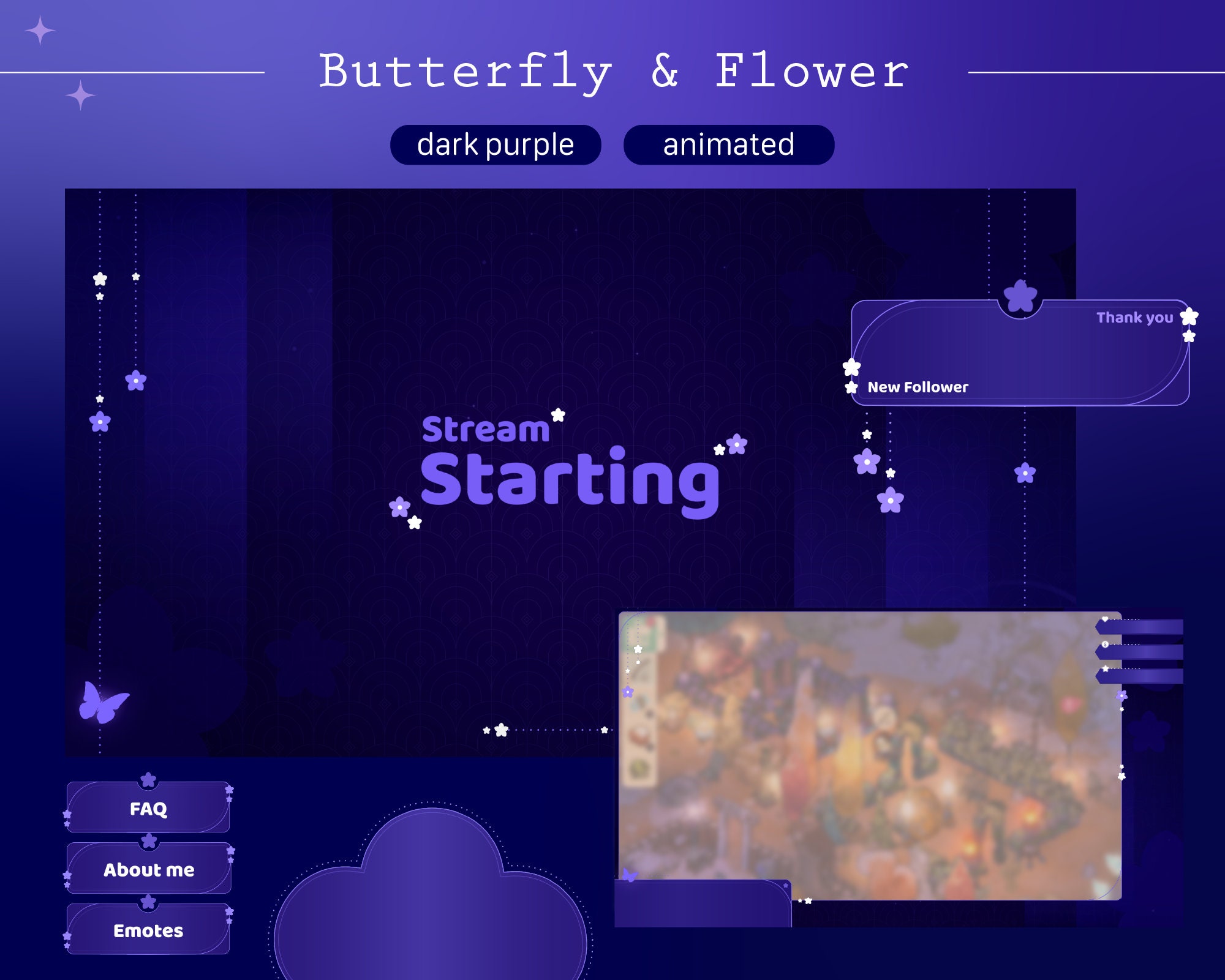 Animated Twitch Overlay Butterfly Dream Cute Flower Stream Package Dark ...