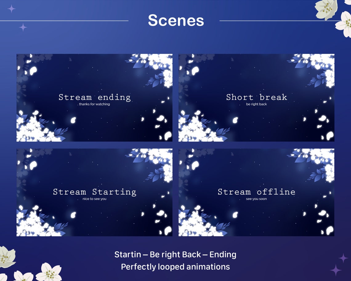 Animated Twitch Overlay Blue | Stream Package Night Flower | Dark ...