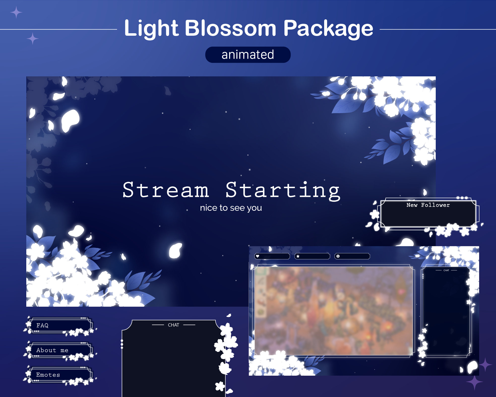 Animated Twitch Overlay Blue | Stream Package Night Flower | Dark ...