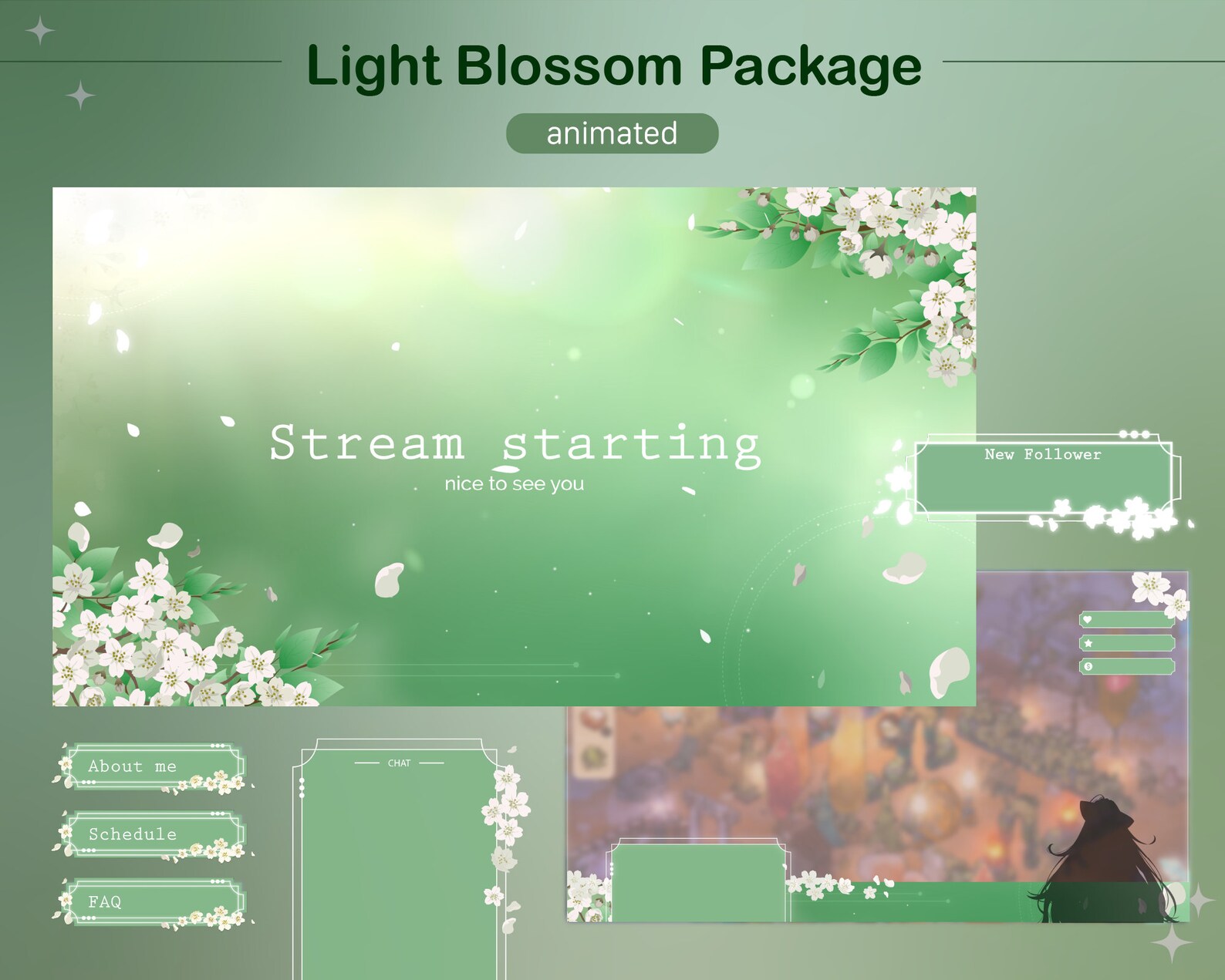 Twitch Overlay Nature Stream Package Green Vtuber Background Cozy Forest Floral Animated Screen ...