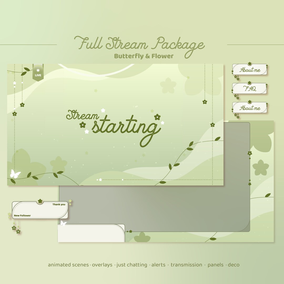 Animated Vtuber Overlay Butterfly Flower Light Green | Nature Blossom ...