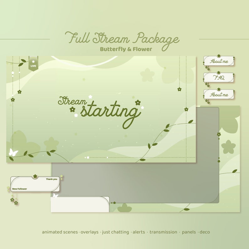 Animated Vtuber Overlay Butterfly Flower Light Green | Nature Blossom ...