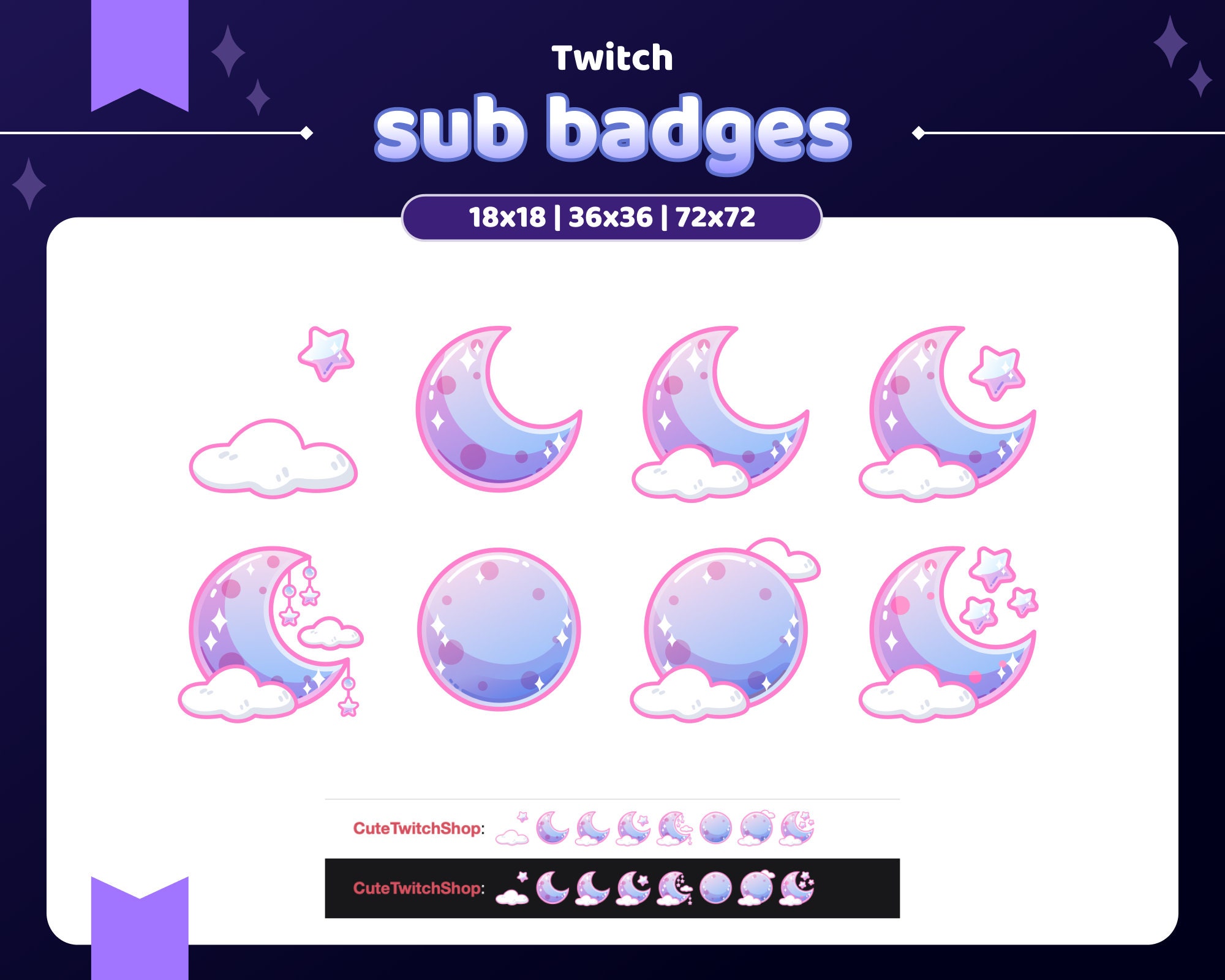 8 Cute Mystic Moon Sub Badges Twitch Pastel Pink Space Sub - Etsy