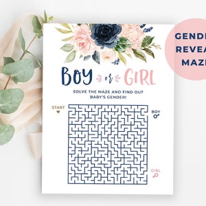 Boy or Girl Gender Reveal Labyrinth - Maze Game He or She - Game Navy and Blush Gender Reveal ...