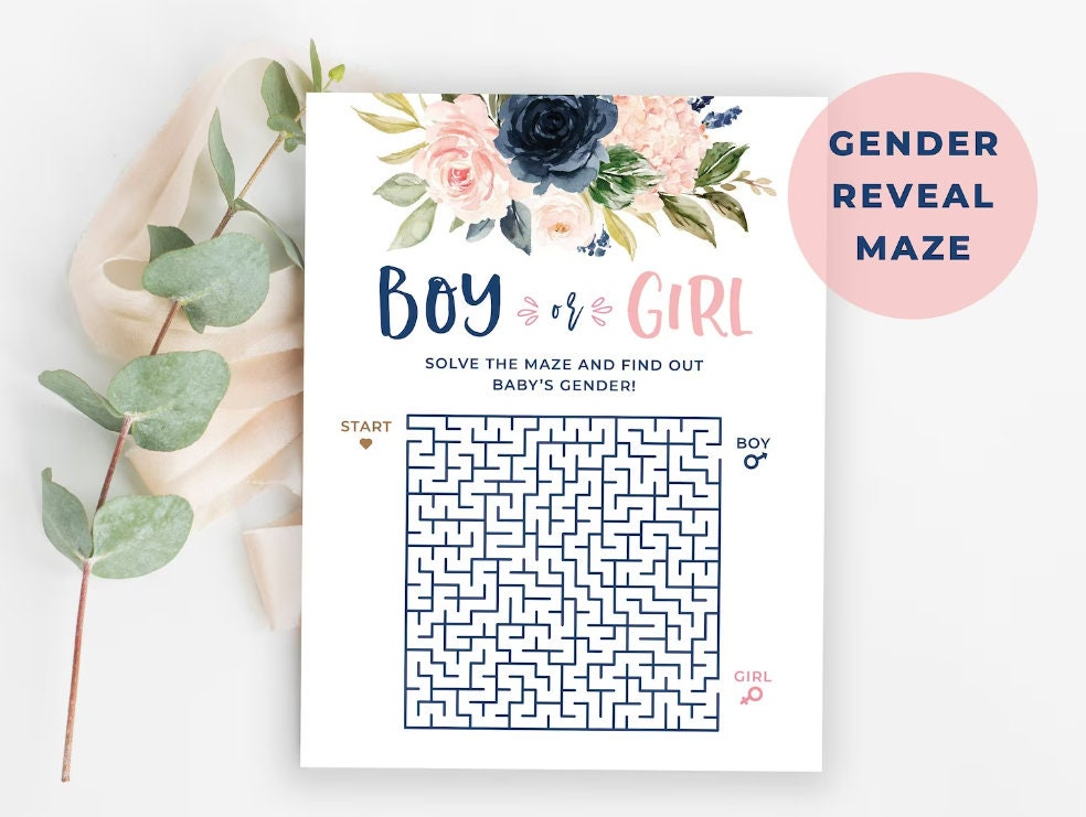 Boy or Girl Gender Reveal Labyrinth Maze Game He or She Game Navy and ...
