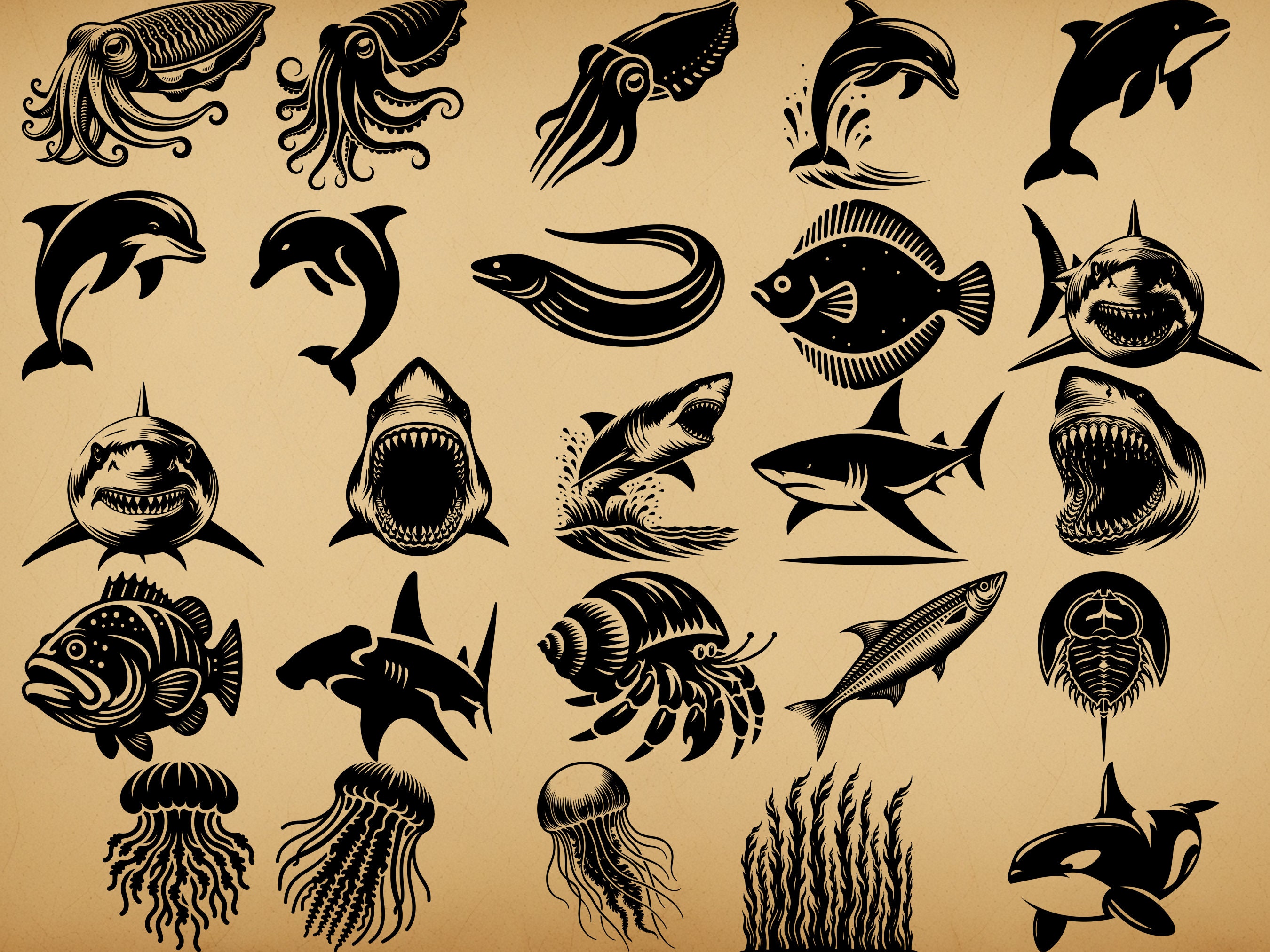100 Ocean Animal Bundle Commercial Use Vector Graphics Svg, Png, Dxf ...