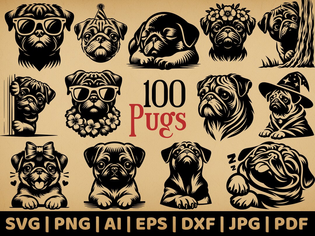 100 Pug Bundle | Commercial Use Vector Graphics | Svg, Png, Dxf, Eps ...