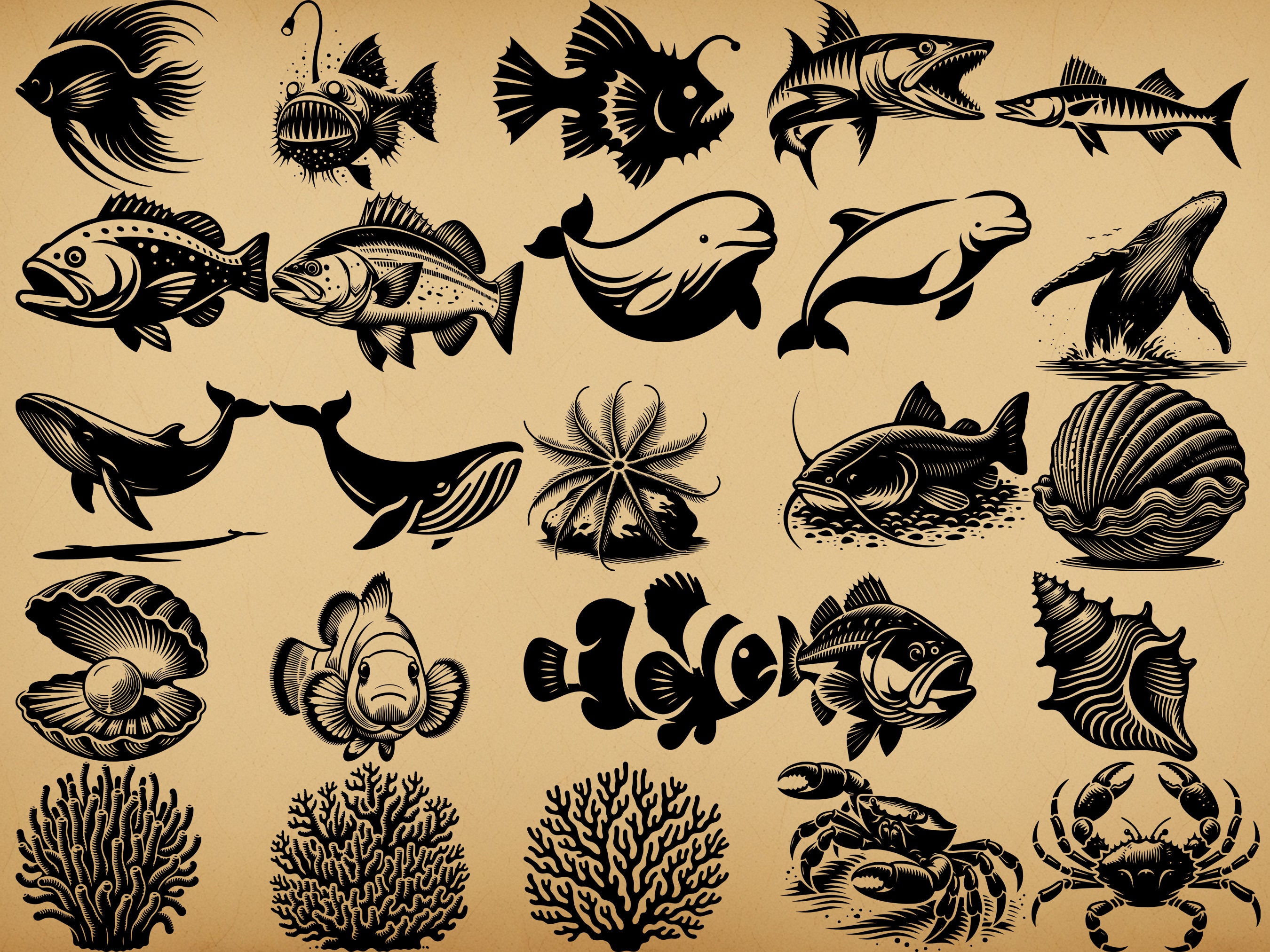 100 Ocean Animal Bundle Commercial Use Vector Graphics Svg, Png, Dxf ...