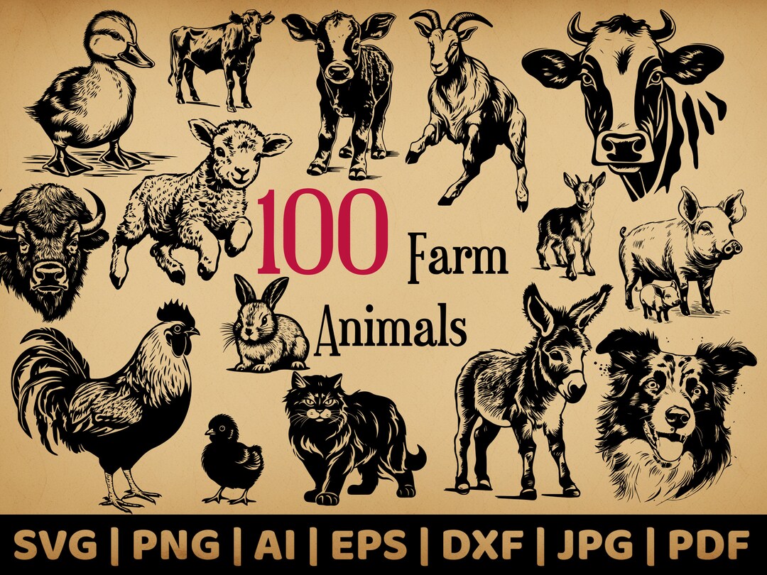 100 Farm Animals Bundle | Barnyard Wildlife Vector Graphics | Svg, Png ...