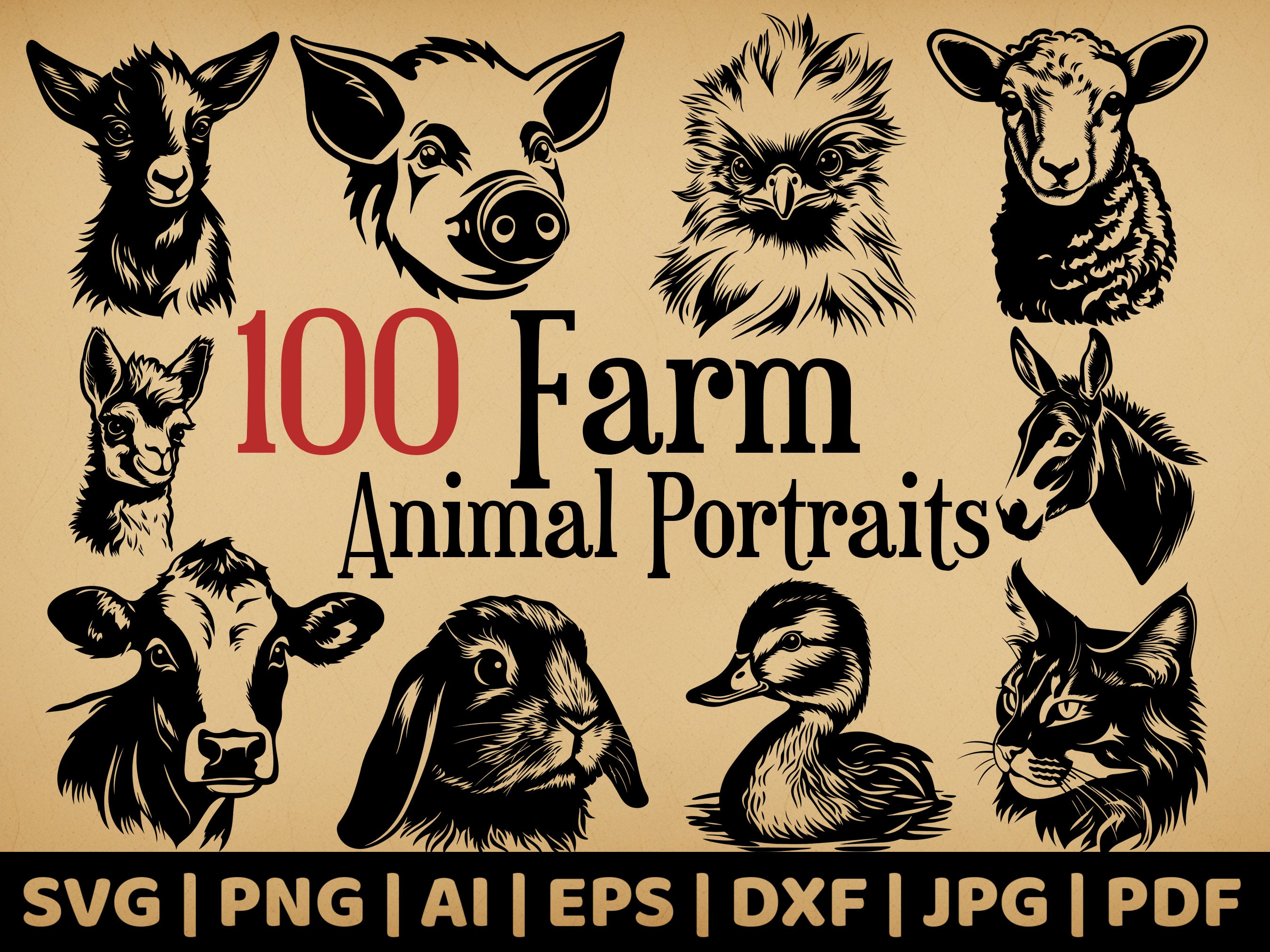 100 Farm Animal Portrait Bundle Commercial Use Vector - Etsy