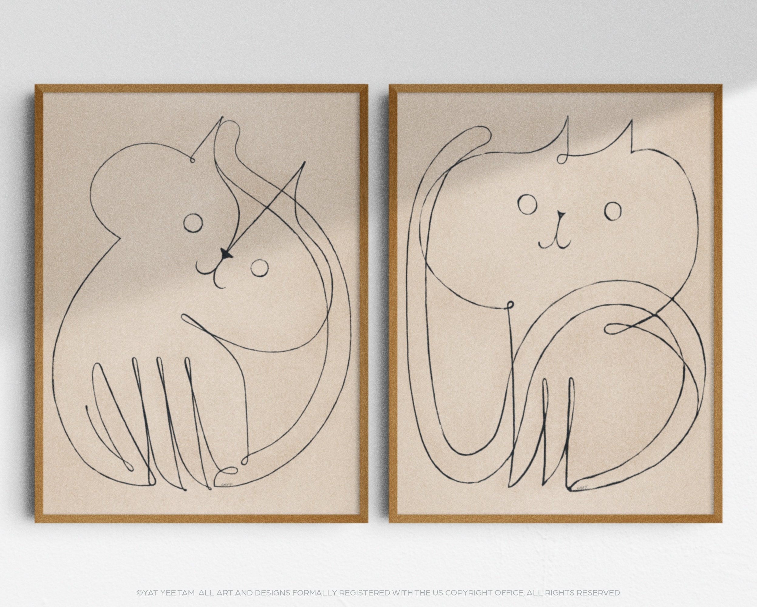 Original Neutral MCM Cat Wall Art Single Line Drawing | Etsy