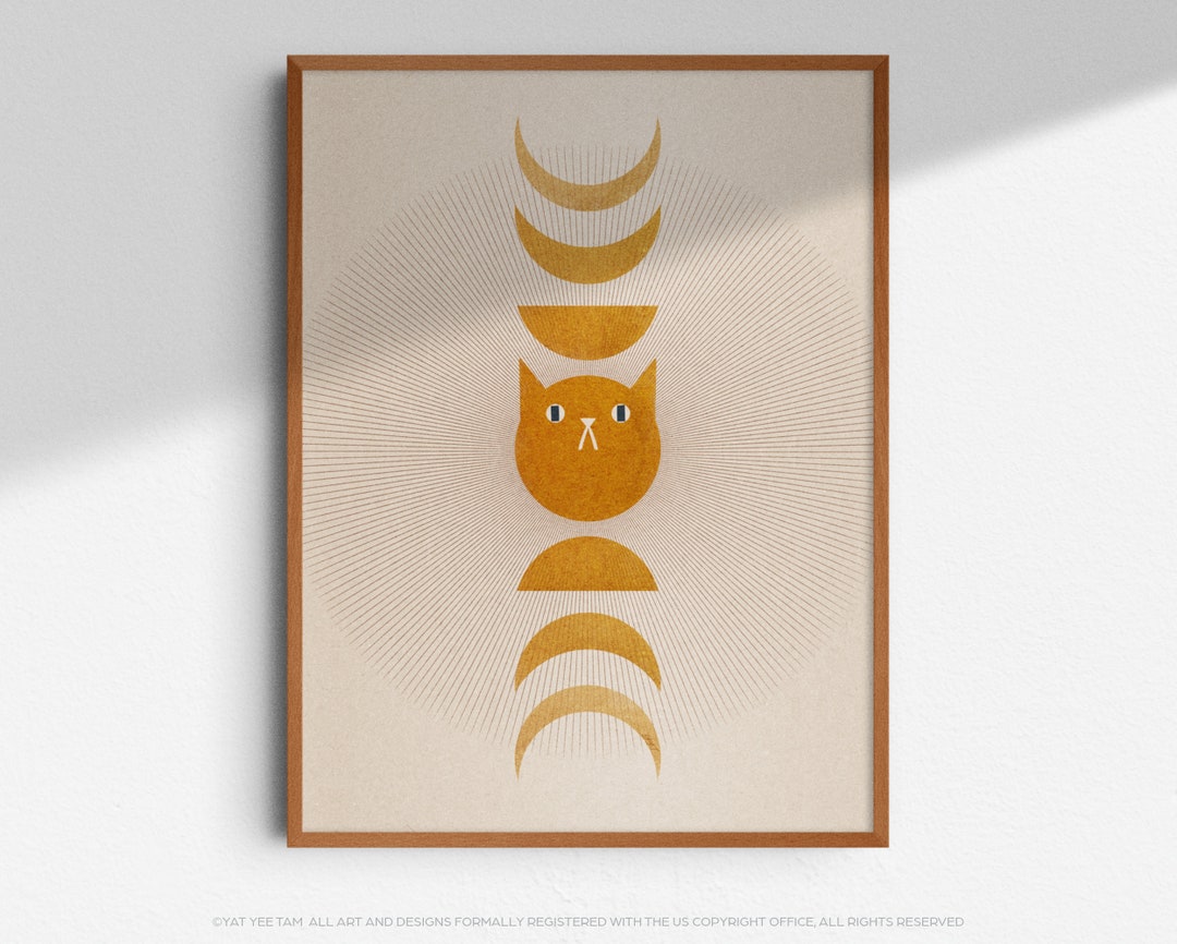 Boho Moon Phase Cat Print Wall Art, Minimalist Moon Art for Cat Lovers ...