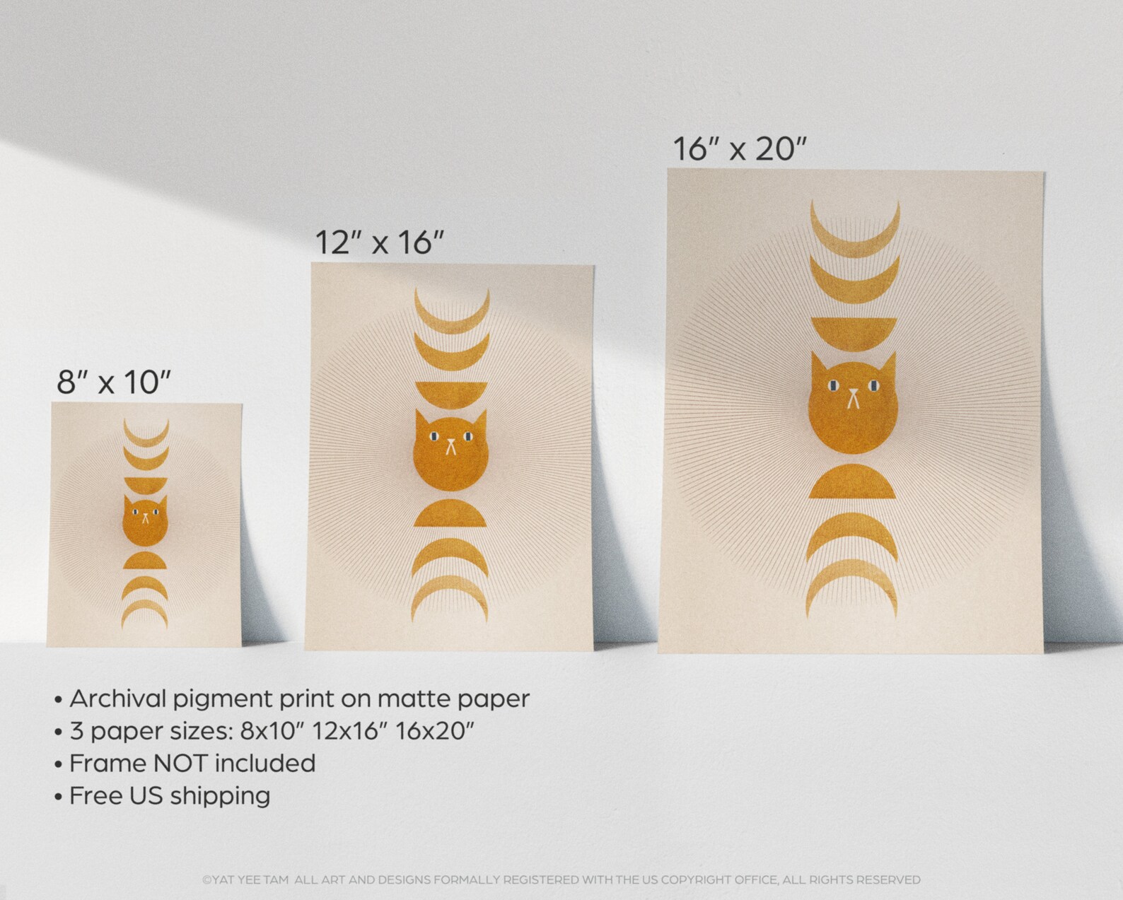 Boho Moon Phase Cat Print Wall Art, Minimalist Moon Art for Cat Lovers ...