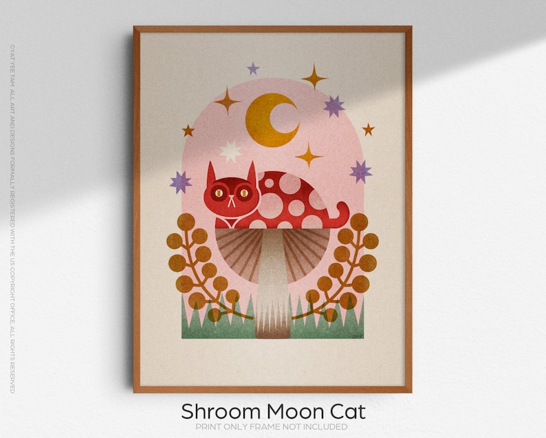 Mushroom Cat Art Print: Cottagecore Room Decor (8x10, Recycled Paper ...