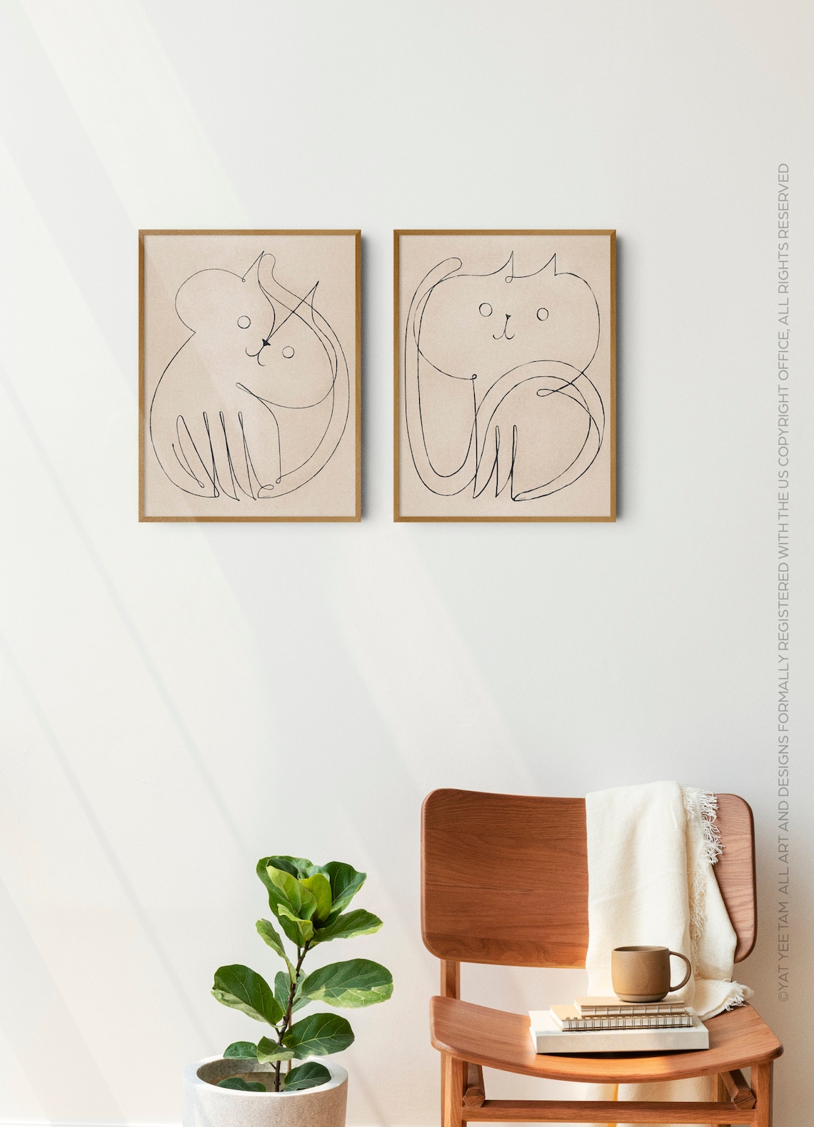 Original Neutral MCM Cat Wall Art Single Line Drawing | Etsy
