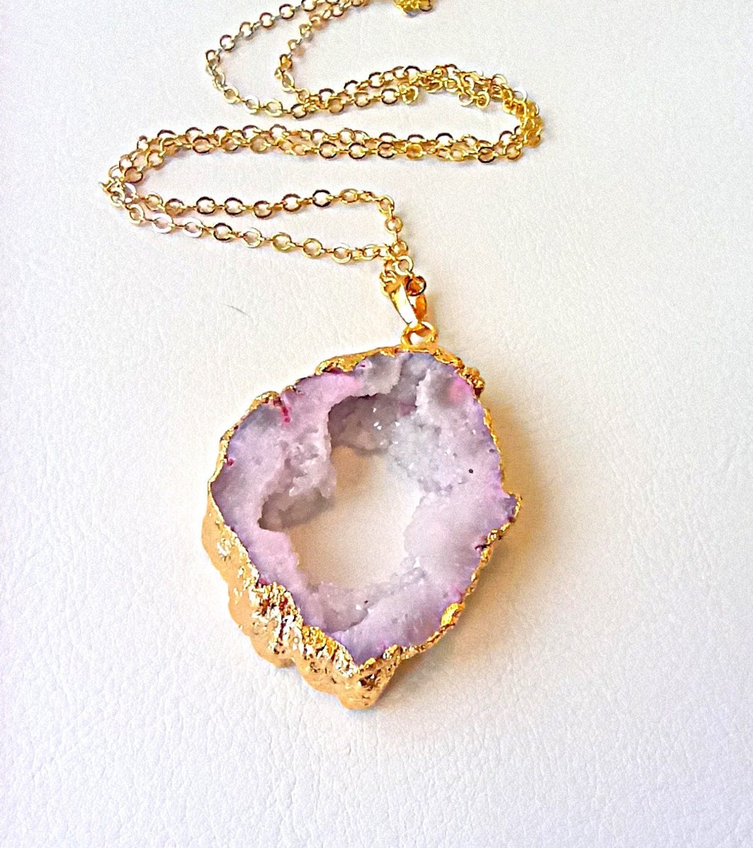 Large Pink Geode Slice Necklace: 18K Gold Plated Chain - Etsy