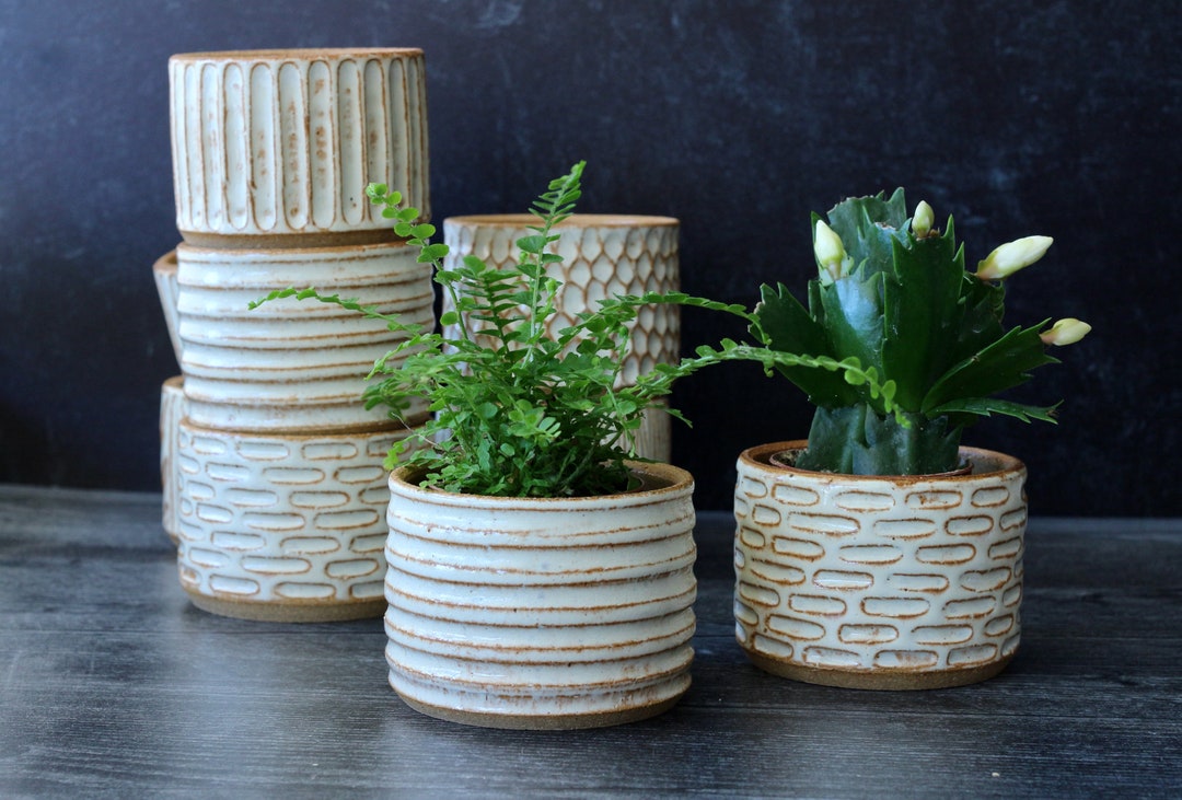 Carved Ceramic Planters Handmade Planters or Small Pots With Toasted ...
