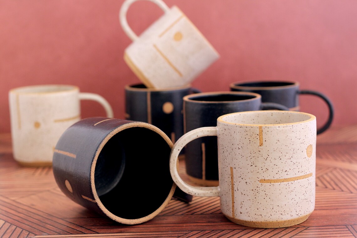 Handmade Ceramic Mug With Geometric Design in Black on - Etsy
