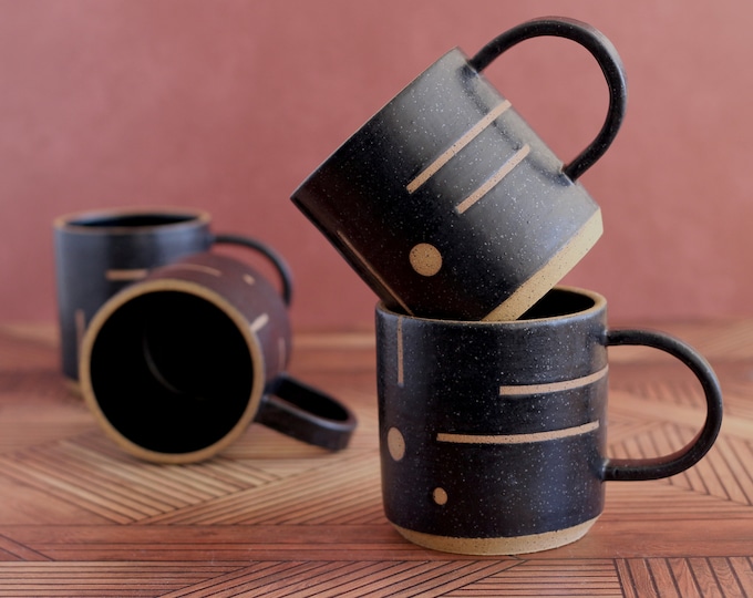 Handmade Ceramic Mug With Geometric Design in Black on Speckled Clay - Etsy
