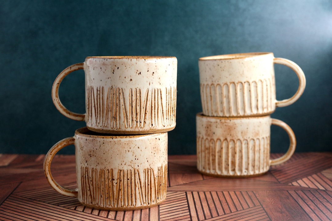 Handmade Carved Stoneware Mug Short Speckled Mug With Vanilla Glaze - Etsy