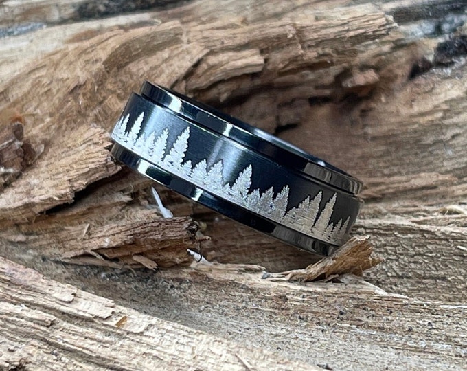 Black Stainless Steel Fidget Spinner Ring, Laser, Etched, Forest Trees ...
