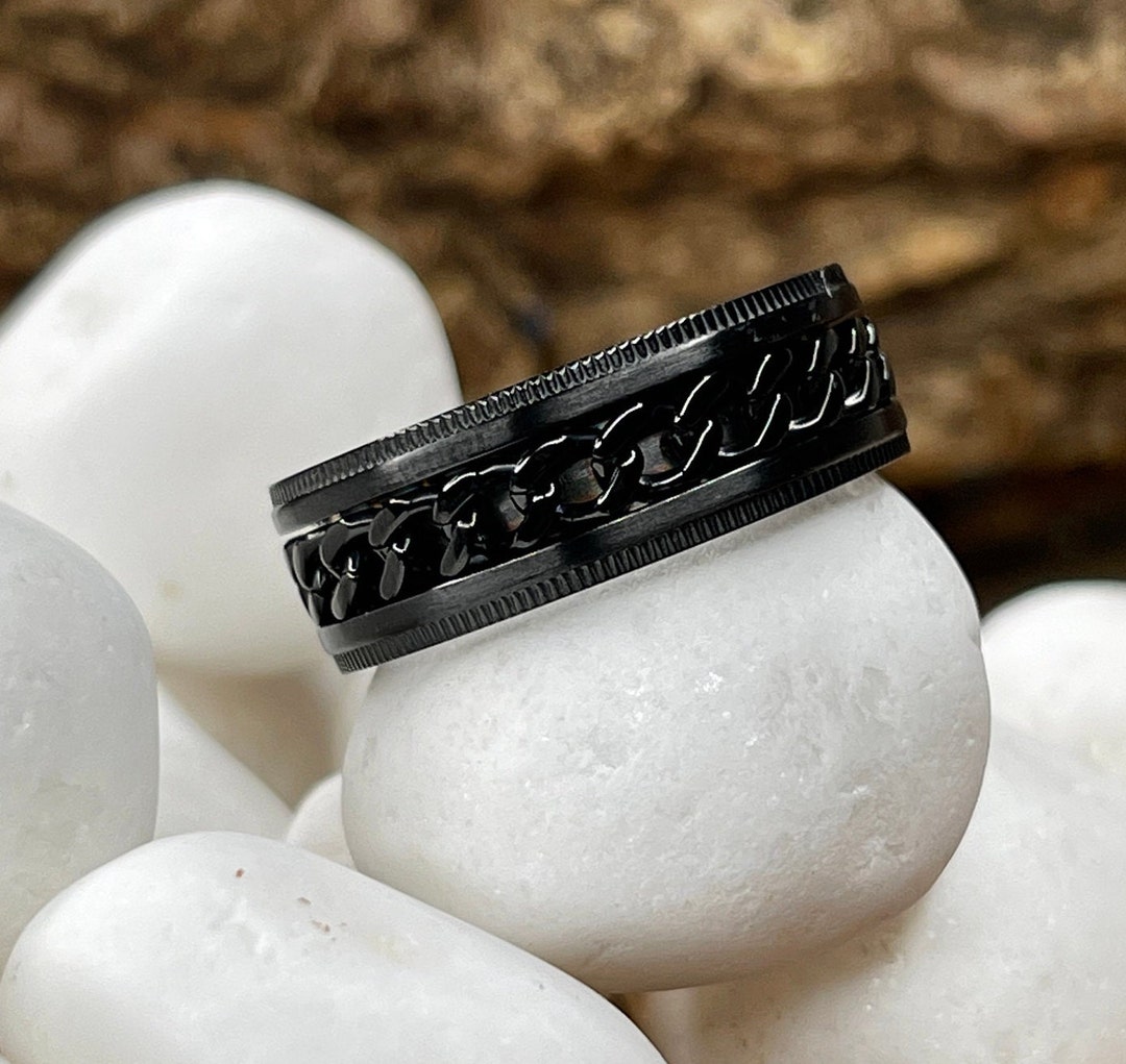 Men’s Black Stainless Steel Fidget Spinner Ring, Curb Chain Link ...