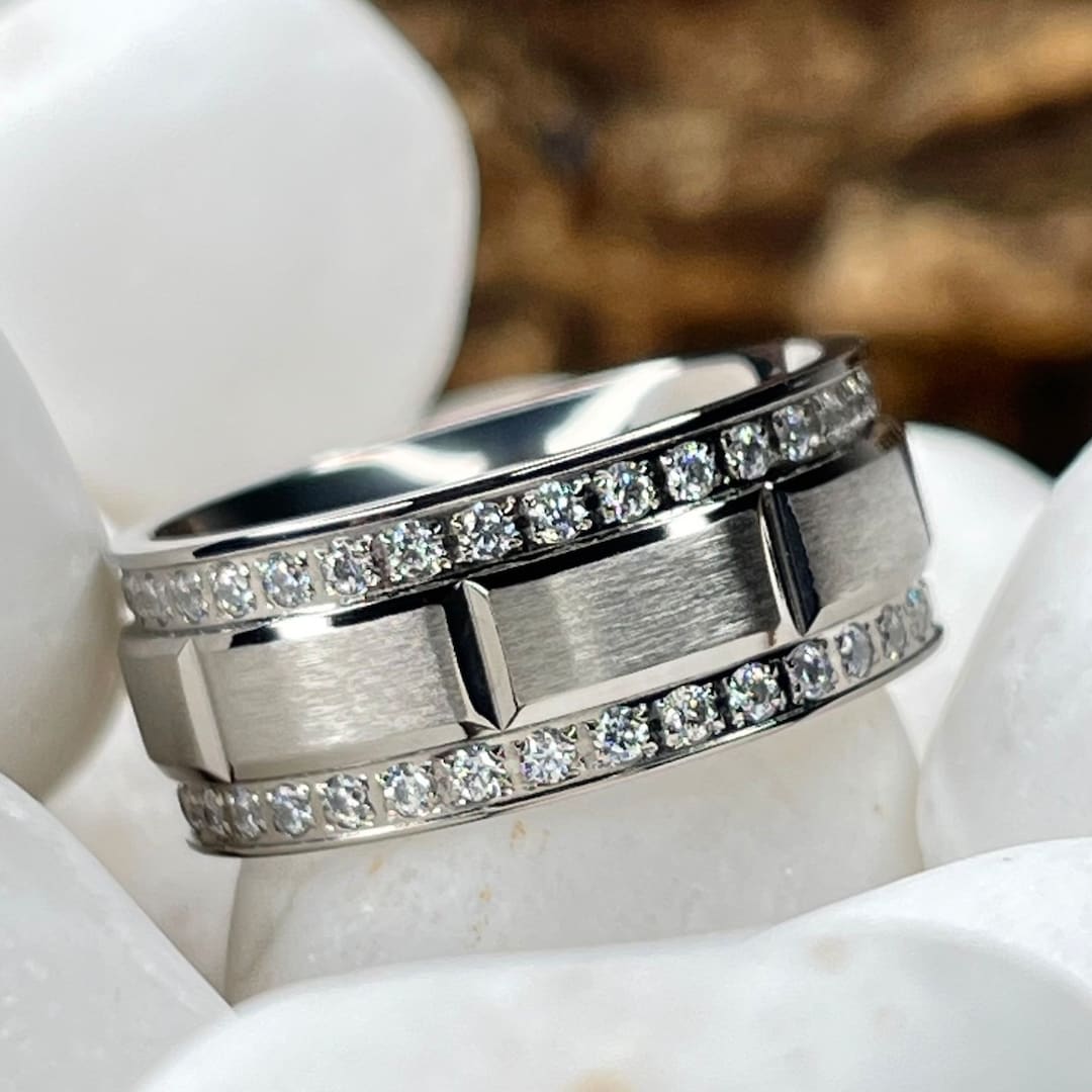 Mens Titanium Ring, Titanium Wedding Band, Cubic Zirconia Eternity Ring, Round Cut CZ, Silver ...