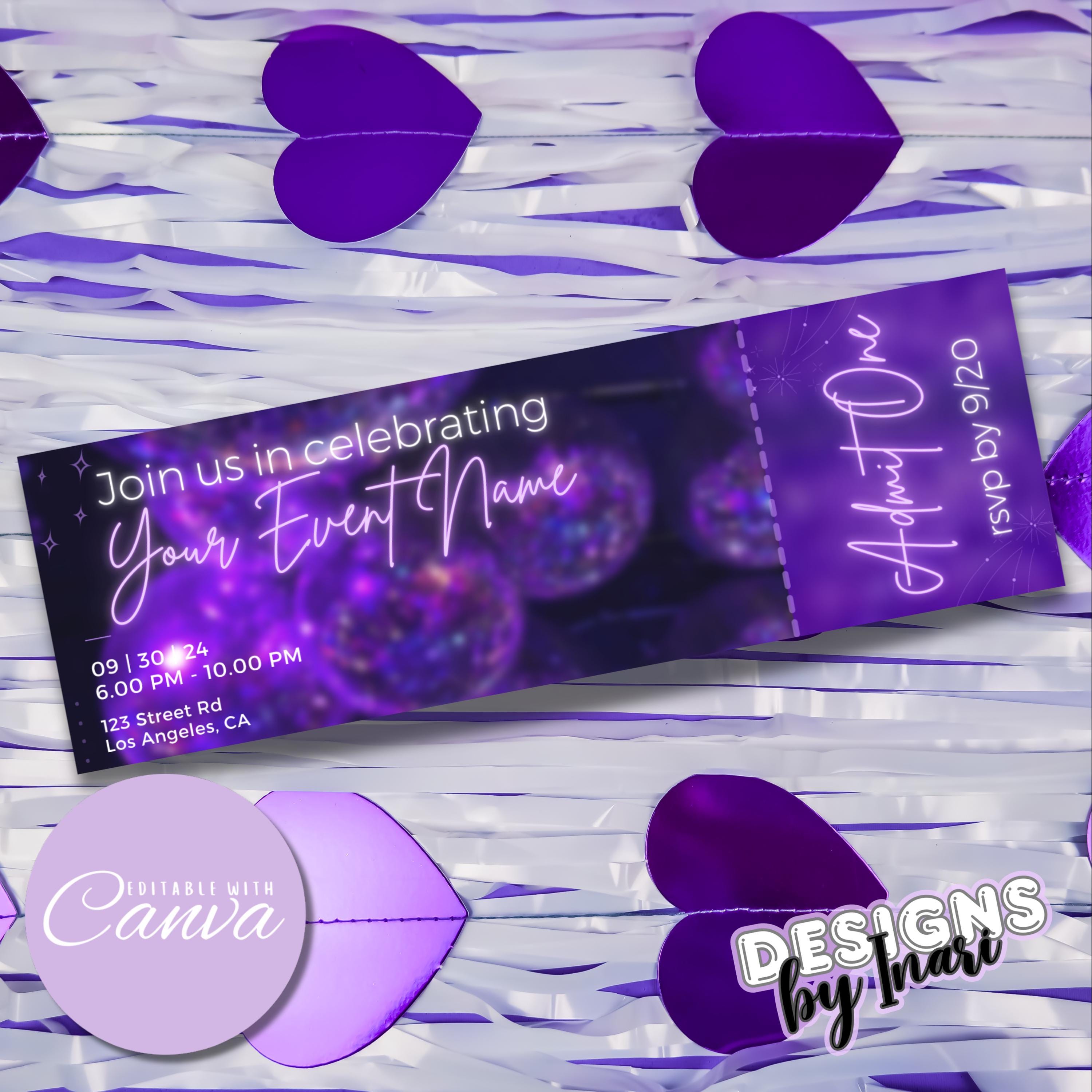 Editable Purple Disco Ticket-style Invitation for Events and Birthdays ...