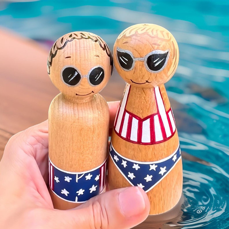 Patriotic Peg Doll Couple Custom Swimsuit Peg Dolls Summer Peg Dolls Etsy