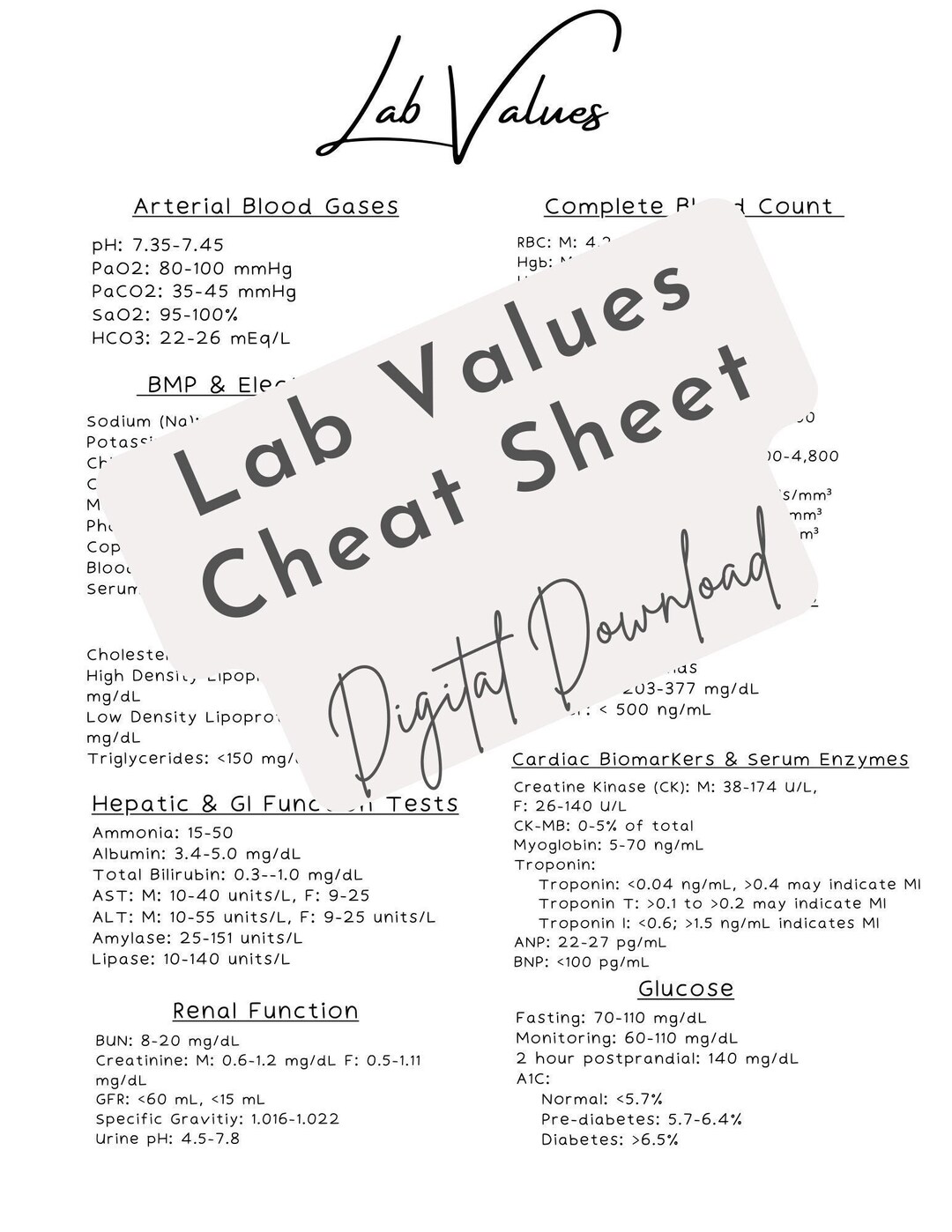LAB VALUES Cheat Sheet for Nursing, Medical Students; 1 Page Cheat ...