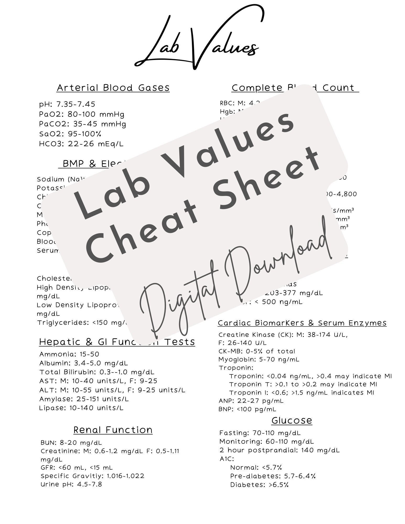 LAB VALUES Cheat Sheet for Nursing, Medical Students; 1 Page Cheat ...