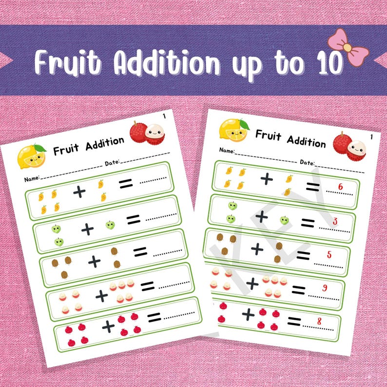 Addition up to 10 With Fruit Worksheets. - Etsy